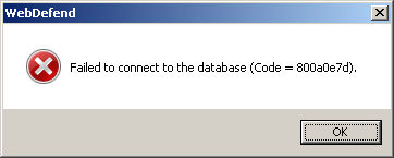 Console error: Failed to connect to the database (Code = 800a0e7d)