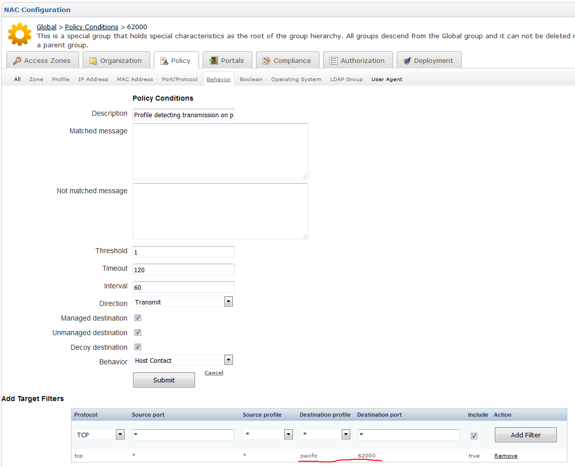 Creating a profile to detect communication on a specific port in NAC